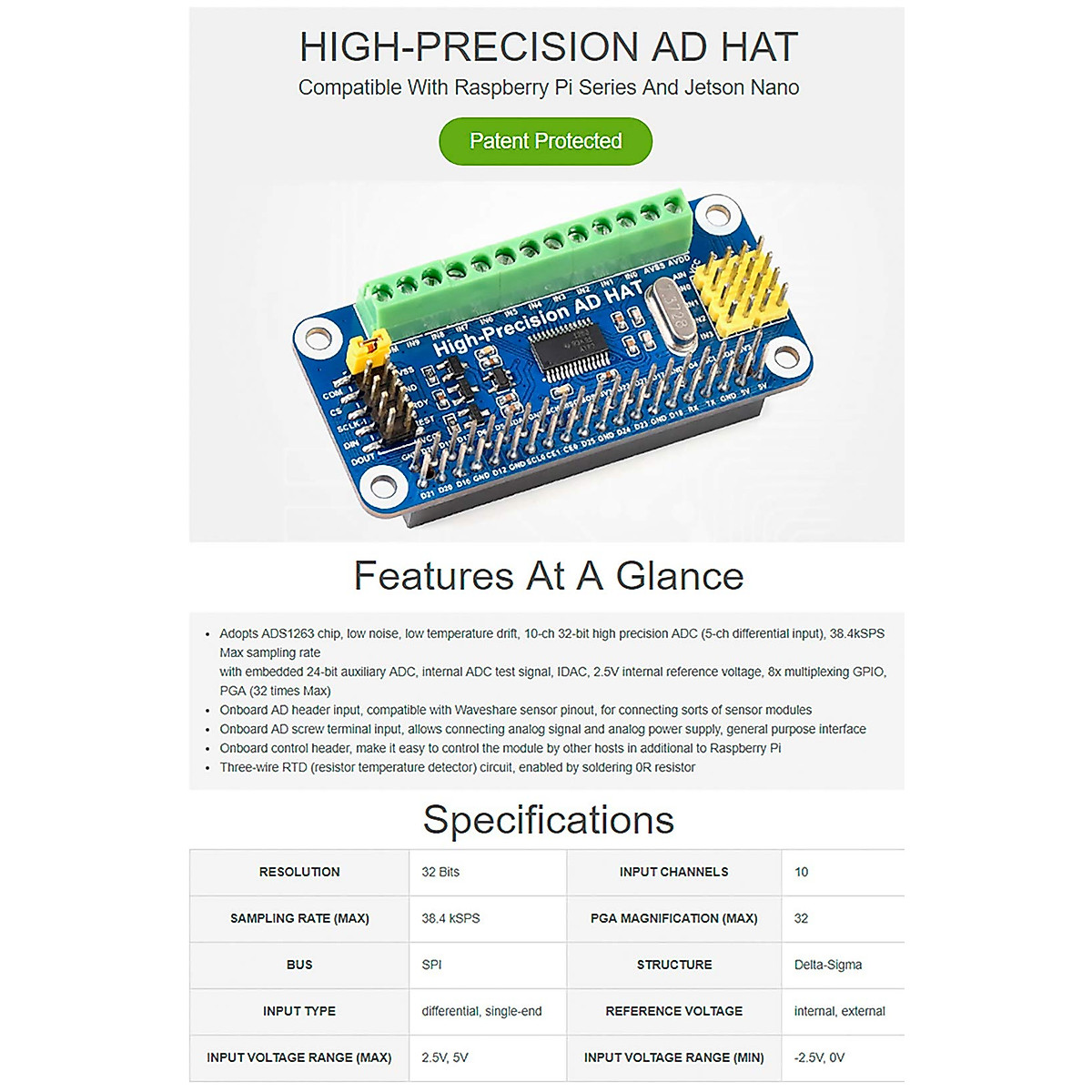 High-Precision AD HAT ADS1263 10-Channel 32-Bit ADC SPI Bus Low Noise Low Temperature Drift,for Raspberry Pi 4B/3B+/3B/2B/Zero/Zero W/Zero WH/2W and Jetson Nano