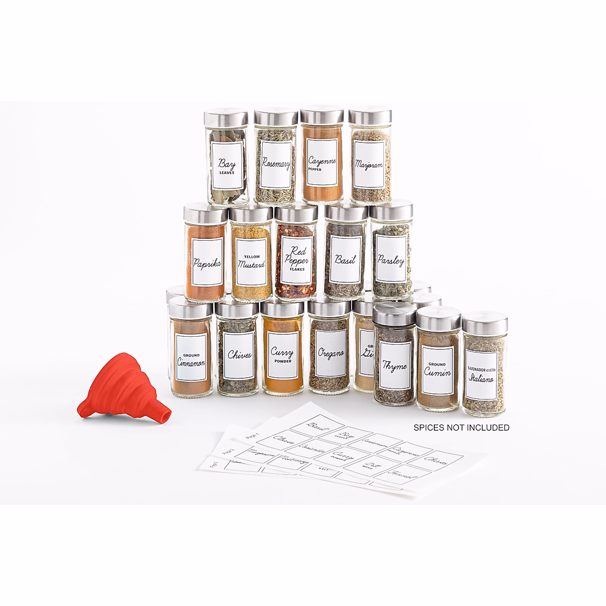 Orii 24 Glass Spice Jars with Stainless Steel Lids, 70 Spice Labels and Funnel, Seasoning Storage Bottles for Spice Rack, Cabinet, Drawer, Pantry