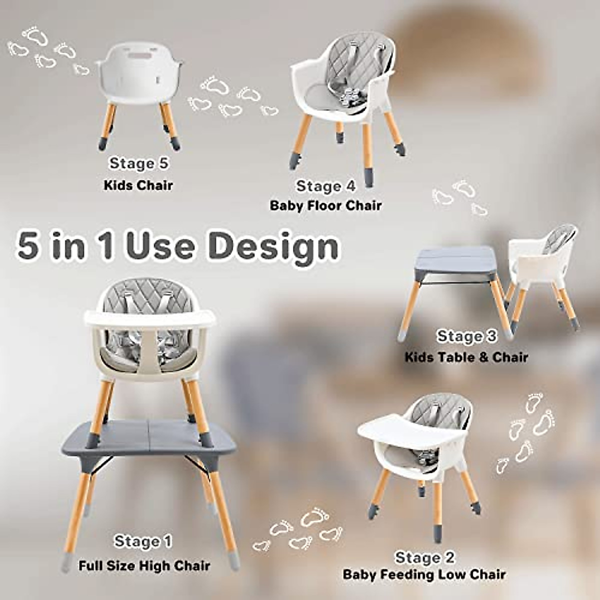 IKARE Wooden Baby High Chair W/Removable Tray & Safety Harness, 5-in-1 Kids Chair Table Set/Booster Seat/Infant Feeding Chair | Grows with Your Child | Adjustable Legs | Modern Wood Design (Gray)
