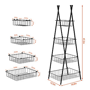 Wire Basket Stand for Kitchen and Bathroom 4 Tier Fruit Storage Basket Stand Metal Floor Standing Vegetable Holder Basket Stand for Snacks Pantry Kitchen Storage, Black