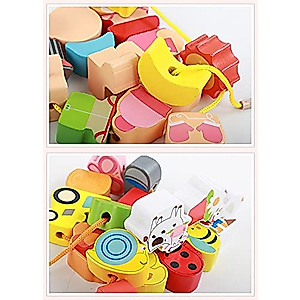 Lacing Farm Toy Wooden Block Set, Early Educational Toys String & Lacing Beads Games for Toddlers Kids Farm Animal Learning Play Set (16 Pieces)