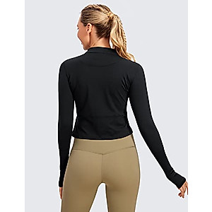 CRZ YOGA Women's Long Sleeve Crop Top Quick Dry Cropped Workout Shirts Half Zip Pullover Running Athletic Shirt Black Small