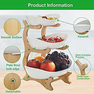 Hfpengzan 3 Tier Ceramic Fruit Bowl, White Oval Serving Bowls Set with Natural Bamboo Rack, Porcelain Fruit Basket Countertop for Kitchen Vegetable Storage, Snack Dessert Cake Candy Tray Plate Holder
