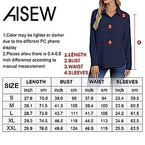 AISEW Womens Casual Button Down Shirts V Neck Chiffon Long Sleeve Collared Office Work Blouses Tops with Pocket (White, Medium)