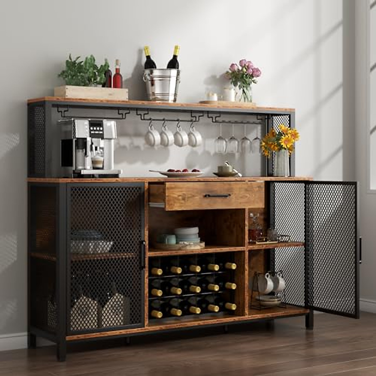 Gyfimoie Wine Bar Cabinet with Drawer and LED Lights, 55 Inches Industry Coffee Bar Cabinet with Wine Rack and Glass Goblet Holder, Kitchen Sideboard Buffet Cabinet for Liquor and Goblet