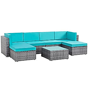 Shintenchi 7 Pieces Ottoman Outdoor Patio Sectional Sofa Couch, Silver Gray PE Wicker Furniture Conversation Sets with Washable Cushions & Glass Coffee Table for Garden, Poolside, Backyard Blue