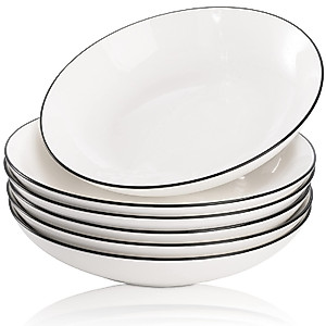 Dicunoy 6 Pack Pasta Plates, 8" Porcelain Salad Bowls, Shallow White Dinner Soup Serving Plate, Spaghetti Dishes with Black Rim for Cereal, Dessert, Snack, Microwave & Dishwasher Safe