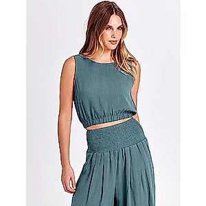 ANRABESS 2 Piece Summer Outfits for Women Casual Lounge Matching Sets Linen Crop Top Long Smocked Waistband Pants Jumpsuits Summer Vacation 2023 Fashion Clothes A1093hulv-M