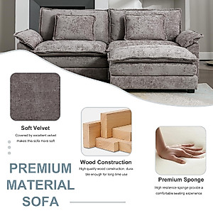 URRED Sectional Sofa Couch, Modern Chenille Sofa Sleeper Deep Seat Couches with Ottoman/Pillows for Living Room, Grey