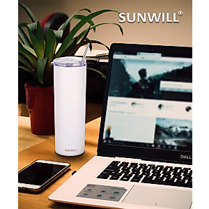 SUNWILL Straw Tumbler Skinny Travel Tumbler with Lid, Vacuum Insulated Double Wall Stainless Steel 20oz for Coffee, Tea, Beverages, White