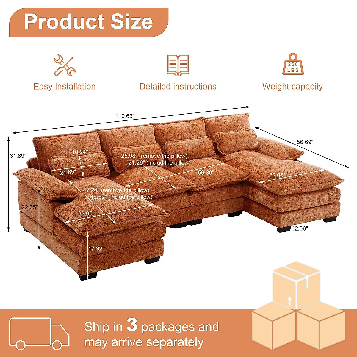GNIXUU 110" Sectional Sofa Cloud Couch for Living Room, Modern Chenille U Shaped Couch, Comfy Modular Sofa Sleeper with Double Chaise & Memory Foam(Orange)