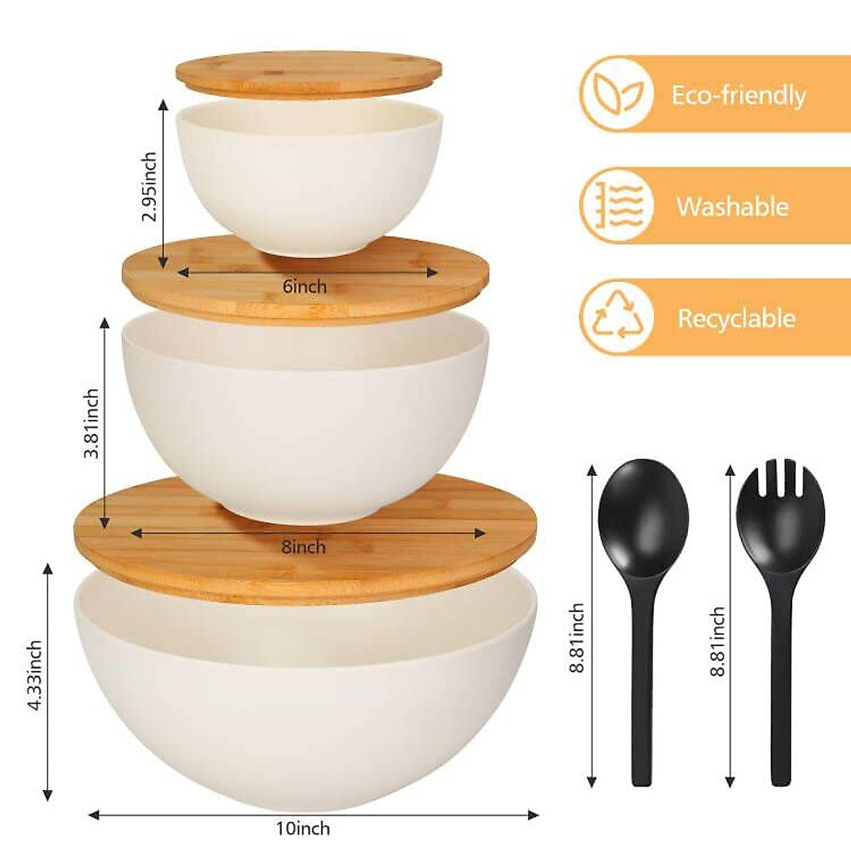 ShineMe Salad Bowl with Lid, Natural Bamboo Fiber Serving Bowls Set of 3 with Utensils & Lids, Mixing Bowls for Preparing, Storing and Serving for Cereal, Fruit,Chips, Bread(10",8",6")