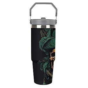 30oz Stainless Steel Insulated Tumbler with Flip Lid & Straw, Leakproof Travel Mug for Car, Pirate Skull Double Wall Vacuum Thermal Coffee Cup with Handle, Spill-Proof Design for Hot/Cold Drinks