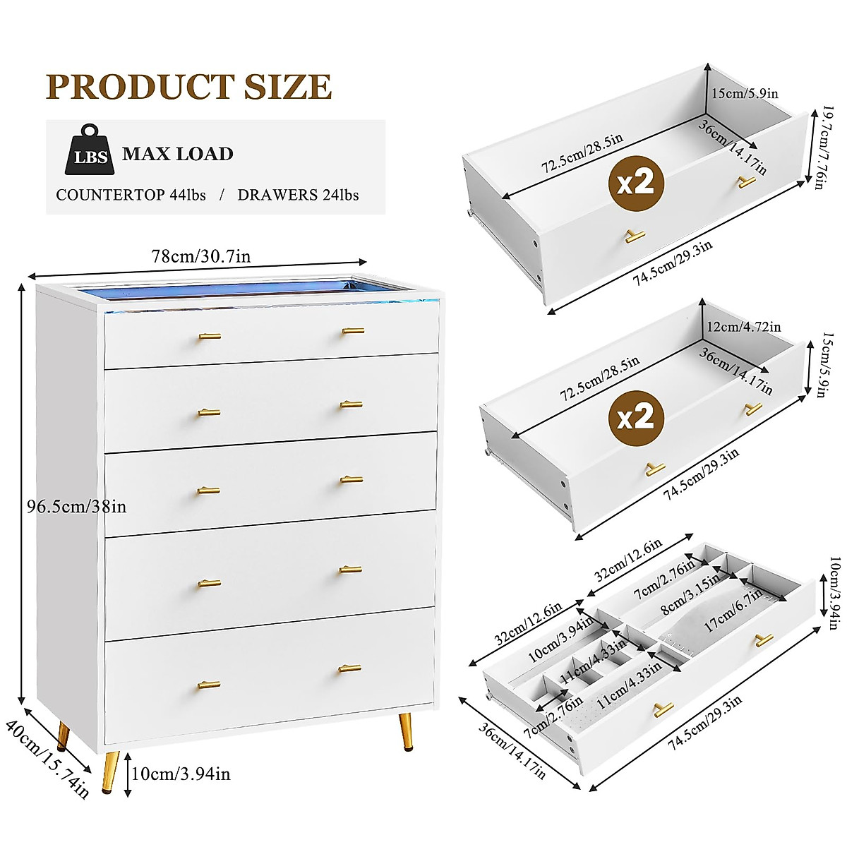 JanflyHome 5 Drawer Dresser for Bedroom Tall, Glass Dresser with 20 Colors LED Lights, Wardrobe Closet Island as Jewelry Organize, Jewelry Dresser Display, White