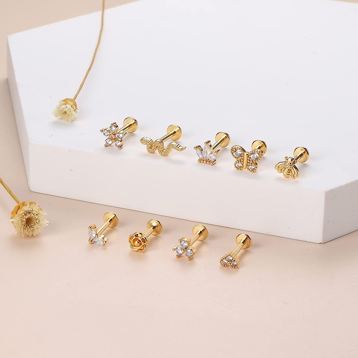 Drperfect Cartilage Earring Stud 16G Stainless Steel Internally Threaded CZ Flower Heart Bee Butterfly Snake Helix Tragus Conch Labret Monroe Medusa Lip Piercing Jewelry