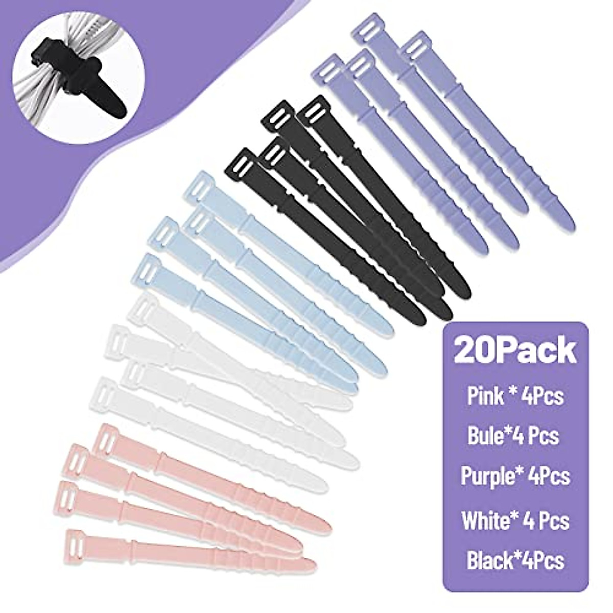 20 Pcs Silicone Zip Ties, Reusable Wire Ties 4.5'' Rubber Cable Ties Straps for Wire Management Home Office Table Organizer, Elastic Cord Ties in White, Black, Pink, Purple, and Blue
