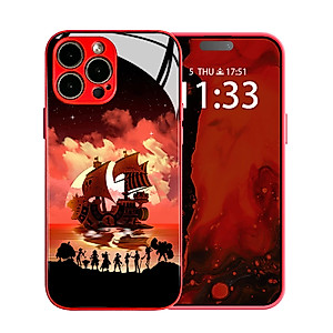 Japanese Anime Anti-Drop Color Soft Silicone Protective Shell Manga Pattern Tempered Glass Covers Multicolor Phone Case Red Mugiwara Pirates Straw Hats Crew Thousand Sunny for iPhone 14 Pro Max