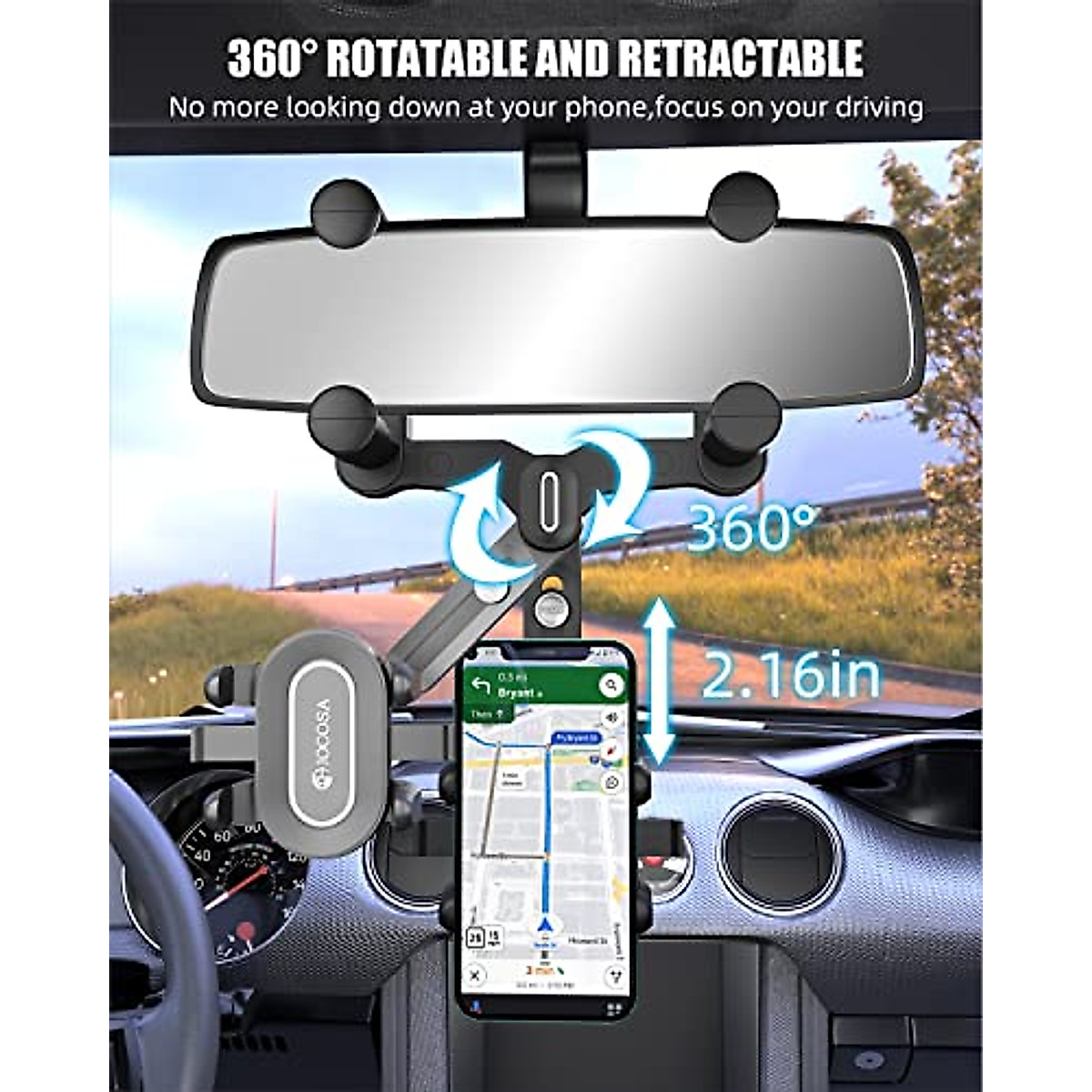 Phone Mount for Car【Large Rear Mirrors Friendly】 Rear View Mirror Phone Holder,【Upgraded 4 Clip More Stable】 360 Rotatable and Retractable Car Phone Holder Fit All Mobiles & Fits Bigger Vehicle