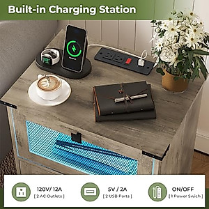 Hasuit Farmhouse Night Stand with LED Lights and Charging Station, Rustic Oak Nightstand with 2 Drawers, and Cubby with Wire Mesh Door, Bedside End Table for Bedroom