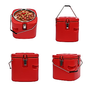 Insulated Soup Carrier,2.5Gal/9.5L/10Qt PE&Stainless Steel Tabletop Food Container,Commercial Leak-Proof Juice Storager,Outdoor Portable Cold/Hot Food Box w/Lid&Handle&Grooves,11.8*11.8*11.4in Red