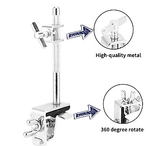 Cowbell Clamp, Drum Jazz Mounting Bracket Drummer Hoop Mounted Clamping Jaws Adjustable Height Angle Rod Arm Standard Holder Kit Tambourine Bass Set Percussion Musical Instrument Accessories Up Down