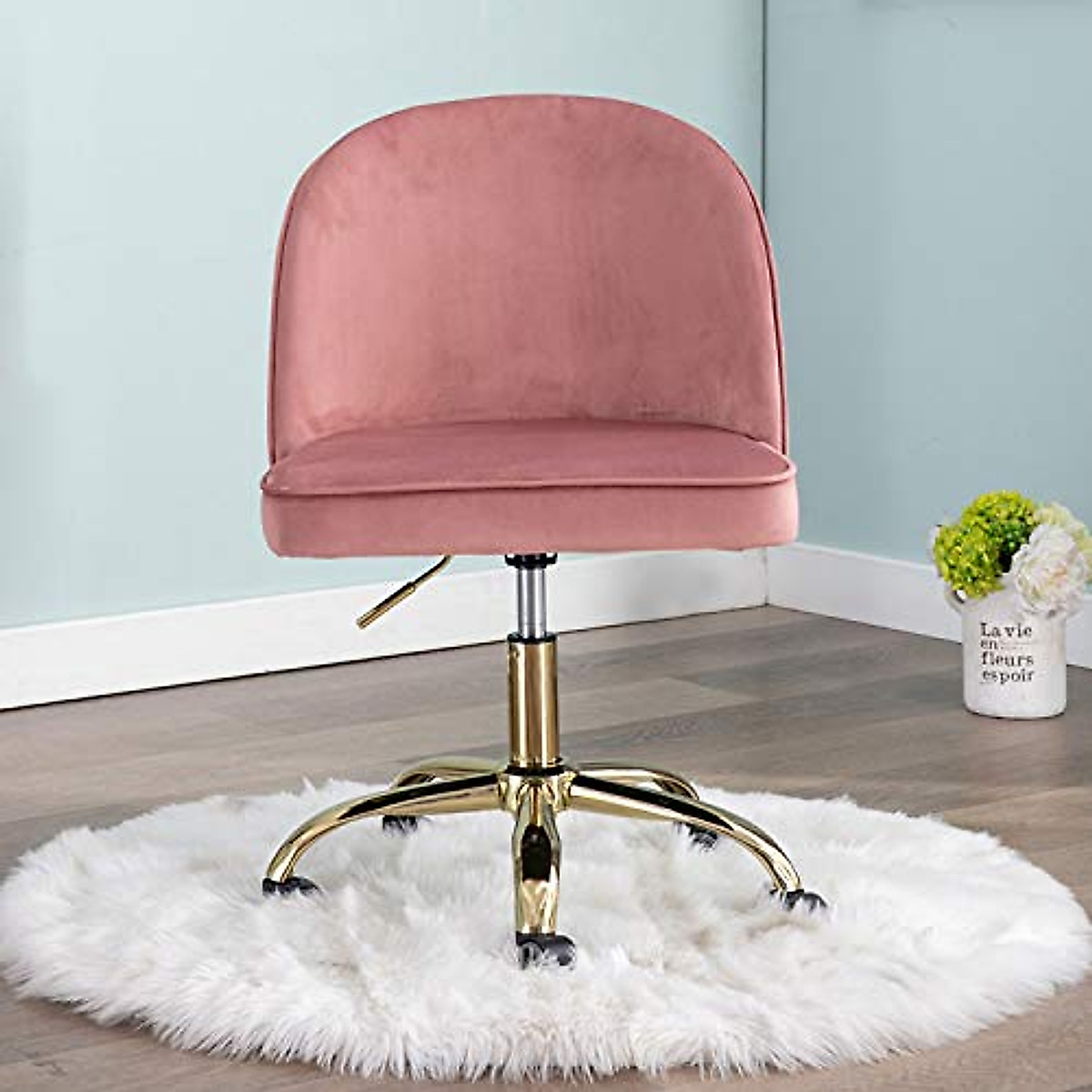 Guyou Pink Velvet Gold Desk Chair with Wheels Armless Upholstered Vanity Chair, Rolling Swivel Small Task Chair Home Desk Chair for Home Office Studio (Dusty Rose Pink)