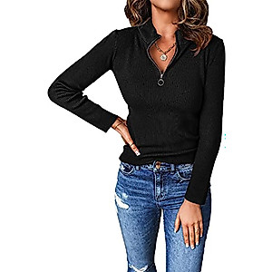 PRETTYGARDEN Fall Quarter Zip Pullover Sweaters for Women 2023 Long Sleeve Collared Fitted Ribbed Knit Tops (Black, Large)