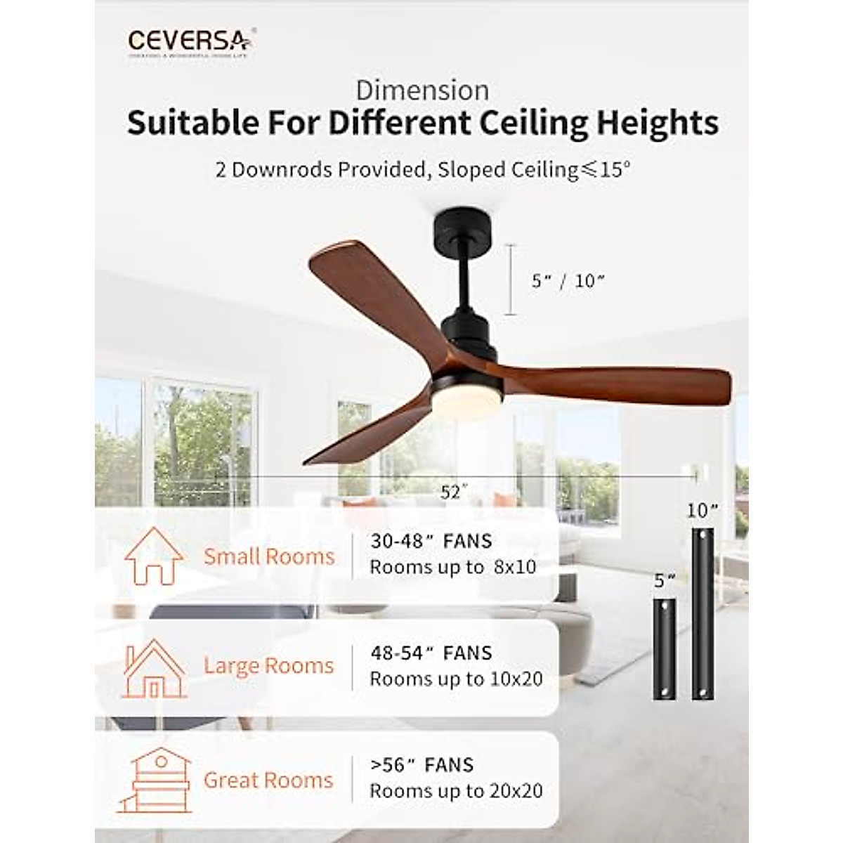 Ceversa 52 Inch Solid Wood Ceiling Fan with Light and Remote Control, 3 Blades Modern Ceiling Fan Walnut Craftmade Quiet for Living Room Bedroom Farmhouse Indoor Outdoor Balcony