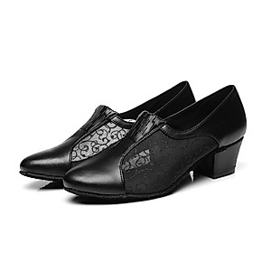 Minishion Women's Closed Toe Slip-on Block Low Heel Salsa Latin Ballroom Dancing Shoes Black US 10