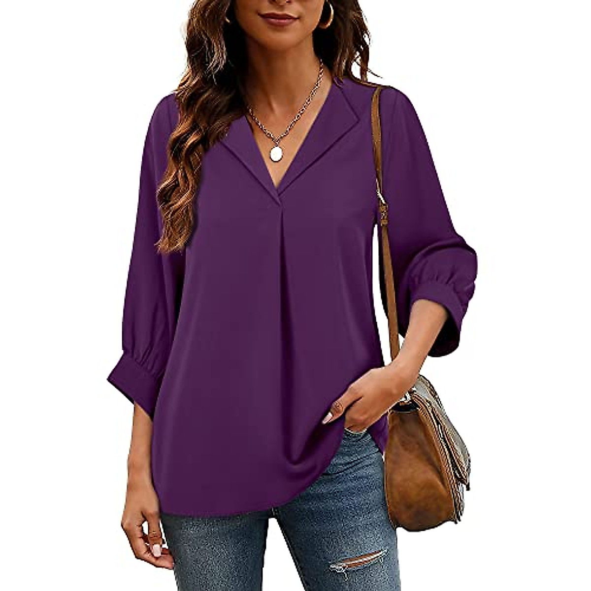 Unixseque 2022 Women's Chiffon Tunic Tops, 3/4 Sleeve V Neck Blouse for Office Work - Violet M
