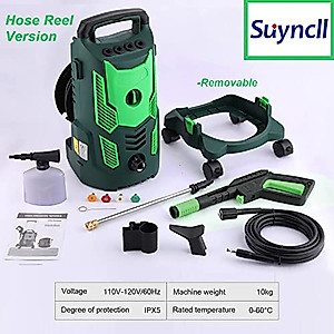 Suyncll Electric Pressure Washer - 2.2GPM Power Washers Electric Powered with 360° Spinner Wheel, 5 Quick Connect Nozzles, 500ML Foam Cannon, Total Stop System Cleans Cars/Fences/Patios, 1800W(Green)