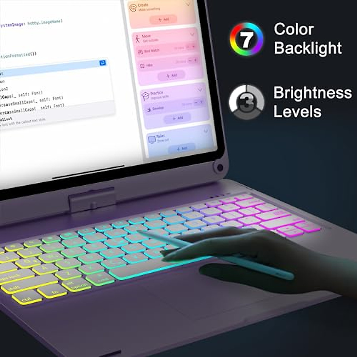 D DINGRICH Keyboard Case for iPad Pro 12.9 (6th/5th/4th/3rd Gen), Multi-Touch Trackpad, 360° Rotatable, Wireless Keyboard Cover, Rainbow Backlit with Apple Pencil Charging, Purple