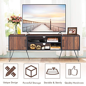 Tangkula Retro TV Stand with 6 Metal Legs, Modern Entertainment Center for TVs up to 65 Inch, TV Console Table w/ 2 Cable Holes, Adjustable Shelf, Media Storage Cabinet for Living Room, 59 Inch