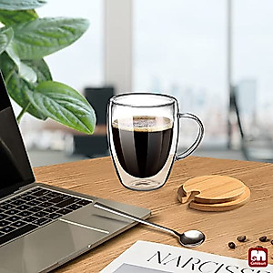 GMISUN Glass Coffee Cups, 2 Pack Double Wall Glass Coffee Mugs with Bamboo Lids, 12 Oz Clear Coffee Mug with Handle, for Ice Coffee/Tea/Hot Beverages/Cappuccino/Latte, Extra Spoons, Coaster