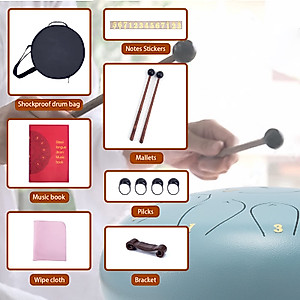 VixxNoxx Steel Tongue Drum, 12 Inch 13 Note Rain Drum for Outside Garden, Chakra Tank Drum Rain Chime, Handpan C Key Musical Percussion Instrument Kit with Bag Mallets (Moss Blue)