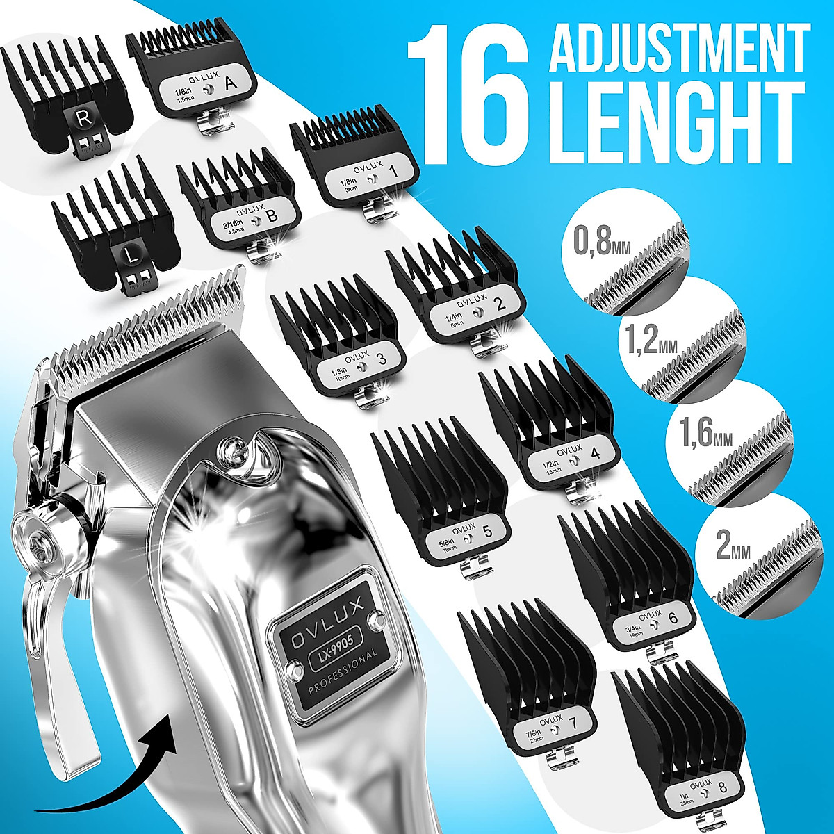OVLUX Professional Cordless Hair Clippers for Men, Rechargeable Full Metal Beard Trimmer, Barbers Trimmer, Ideal Gift for Men, Dad - Silver.