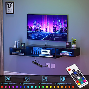 FABATO 59'' Floating TV Stand with LED Light Power Outlet, Floating Shelf for Under TV Wall Mount with Storage Shelf, Media Console Entertainment Center for Living Room, Black
