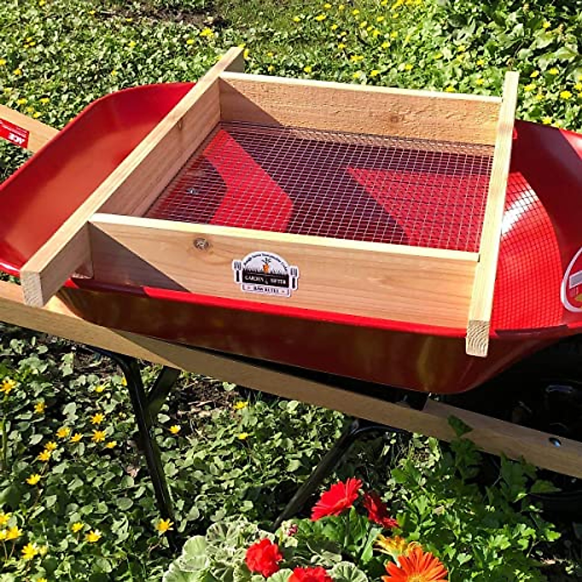 Raw Rutes Cedar Garden Sifter for Compost, Dirt and Potting Soil - Made in The USA - Sustainable Cedar - Heavy Duty Stainless Grate (Wheelbarrow Garden Sifter)