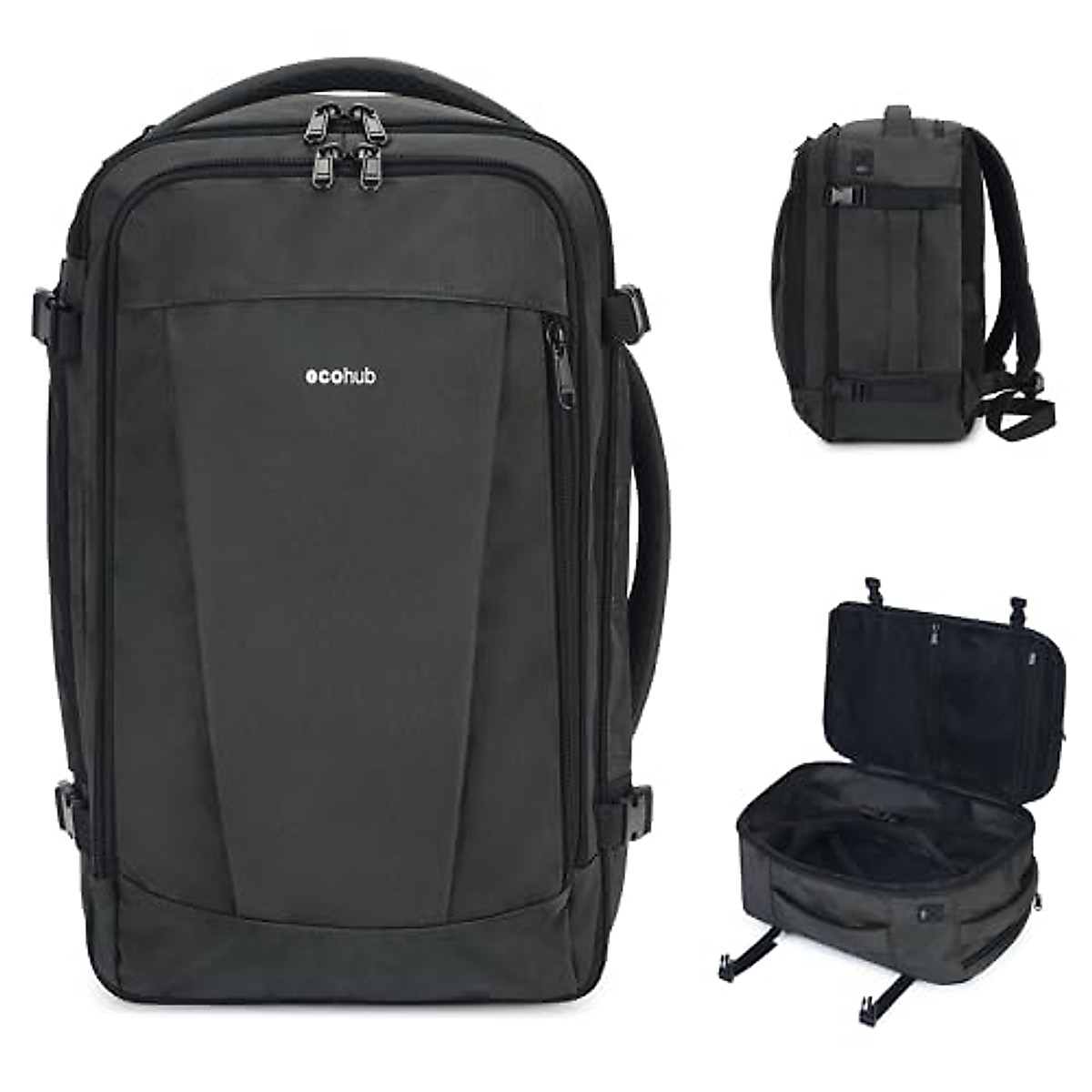 ECOHUB Travel Backpack 16'' Personal Item Backpack with 13 Pockets Carry on Bags for Airplanes Travel bags for Women Men Airlines Approved Small Backpack with USB Port Casual Daypack Grey