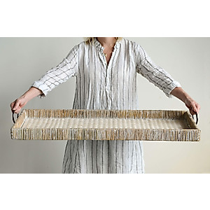 Creative Co-Op Oversize Decorative Rattan Tray with Metal Handles, Tan, Whitewashed
