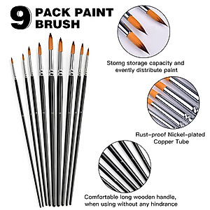 Artist Watercolor Paint Brushes Professional Set, 9pcs Round Point Tip Nylon Hair Long Handle Watercolor Brushes, Detail Paint Brushes for Watercolor, Acrylic, Oil