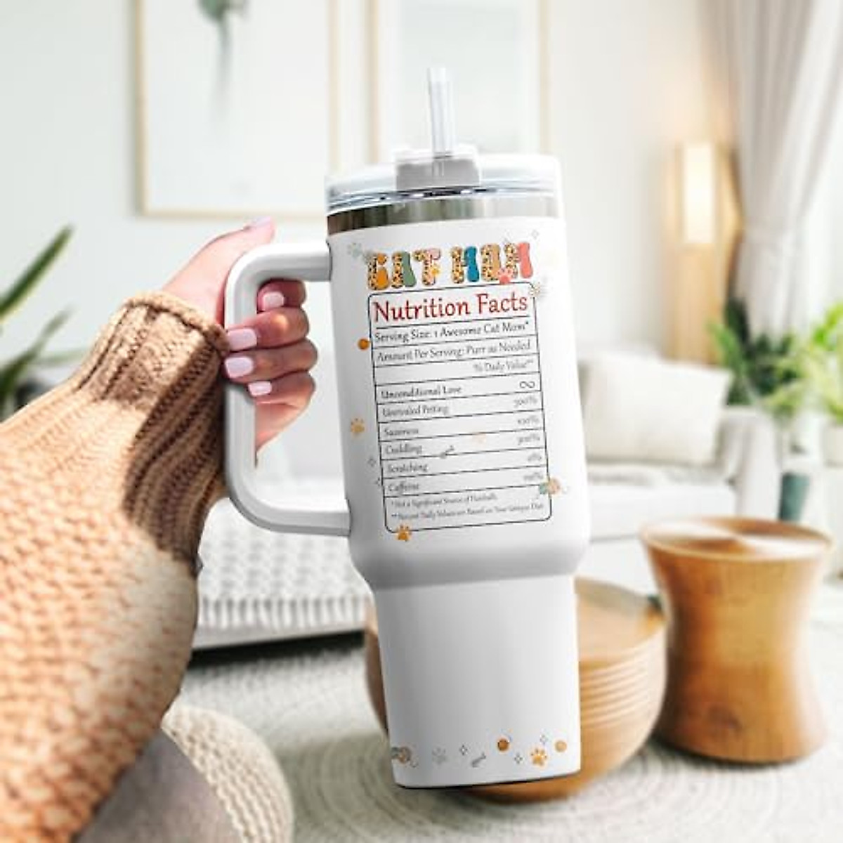 99OWL Cat Mom Rainbow Nutrition Facts, Tumbler 40 Oz With Handle Lid And Straw, Mom Gifts, Funny Cups Simple Insulated Day Straws For Be Mothers Handle Print To Women Mommy Cup