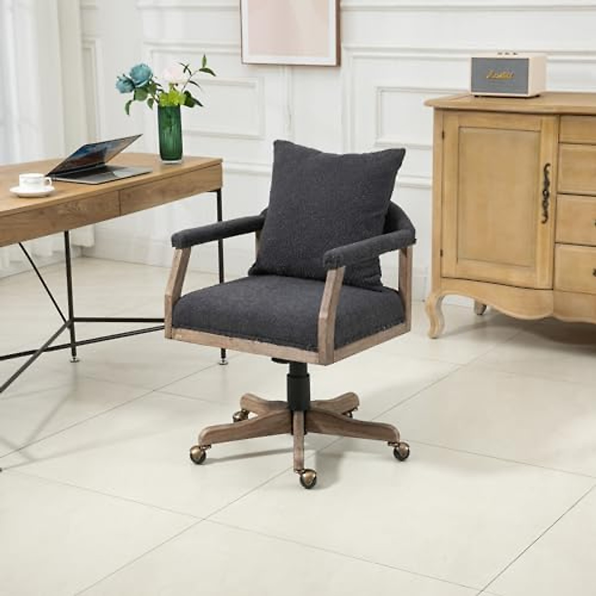 Office Desk Chair with Wheels, Modern Swivel Height Adjustable Desk Chair with Armrest and Ergonomic Back Fabric Padded Computer Task Chair Vanity Chair for Home Office, Black