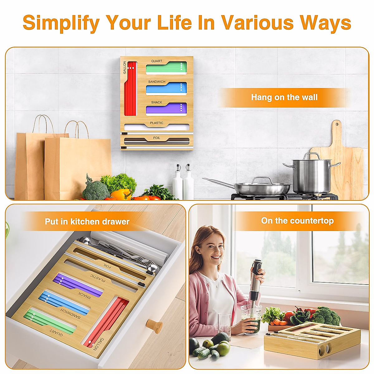 HOSTENU 6 in 1 Storage Bag Organizer for Kitchen Drawer, Bamboo Foil and Plastic Wrap Dispenser with Cutter, Food Baggie Organizer for Drawer, Plastic Bag Organizer for Gallon, Quart, Sandwich, Snack