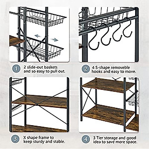 Hoctieon 3 Tier Microwave Oven Shelf, Microwave Storage Kitchen Storage Rack with 4 Hooks, Microwave Stand with 2 Slide-Out Baskets,Kitchen Baker's Rack, Microwave Oven Stand