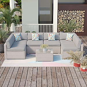 SUNBURY 7-Piece Outdoor Sectional Wicker Sofa in Gray Cushions, Gray Wicker Patio Furniture Set w Glasstop Table for Backyard Garden Porch