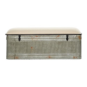 Deco 79 Metal Room Storage Bench Galvanized Entryway Bench with Cream Burlap Top, Bench 50" x 16" x 18", Gray