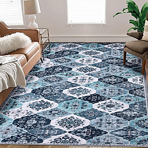 FLYRUGGO Area Rugs, 5x7 Washable Boho Throw Rug Indoor, Moroccan Trellis Bohemian Ultra Soft Large Non-Slip Carpet for Living Room Dining Room Office Bedroom (001-Blue White/Multi, 5x7)