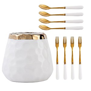 Tregoer Coffee Spoon & Dessert Fork Set,Ceramic Jar with 4 Forks and 4 Spoons for Coffee,Tea,Ice Cream,Cake,Flatware Set (White gold)