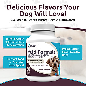 K9 Select Multi-Formula Dog Vitamins for Smaller Dogs - 10mg HMR Lignans, 1mg Melatonin, 20mg Milk Thistle - Helps Heart, Liver, Digestion, Skin & Coat Health, 90 Tablets, Peanut Butter Flavor